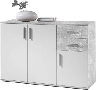 M&ouml;belando Kommode Mehrzweckschrank Sideboard Schrank Standschrank Freida II Beton/Wei&szlig;