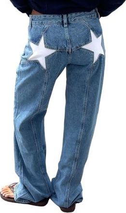 ORANDESIGNE Jean Baggy Femme Pantalon en Denim Imprimé Vintage Jambe Droite Y2K Streetwear