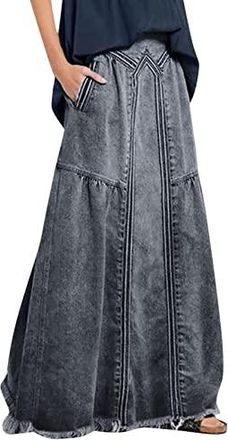 Generic Jupe-short longue en jean pour femme - Jupe longue d&eacute;contract&eacute;e - Taille &eacute;lastique - Ourlet fendu - Coupe trap&egrave;ze - Jupe maxi en jean avec poches, gri