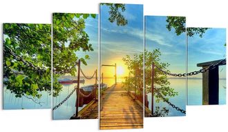 Arttor Wandbilder Dekoration Wohnzimmer See Sonnenuntergang Boot Landschaft Bilder auf Leinwand 160x85cm Leinwandbild Schlafzimmer Set 5 teilige Kunstdruck A