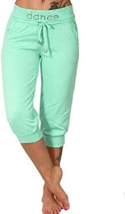 Onsoyours Pantalon dÉté Femme de Sport Court Taille Haute 3/4 Pantalon de Survêtement Pantacourt Décontracté Léger Élastique Respirant de Jogging B Vert XXL