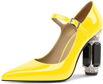 EDEFS Escarpins Femme Prêts pour lÉvénement Mary Jane en Cuir Verni Talon Haut Bloc 9 cm Accents de Strass Cristal Étincelant Bout Pointu pour Mariages Gala