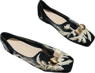 Generic QXDZSW Chaussures plates brodées simples pour femme Mode Bout carré Bouche peu profonde Boucle en métal Semelle souple antidérapante Chaussures basses