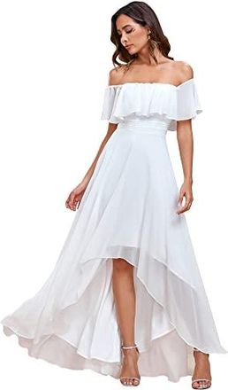 Ever-pretty Robe Bal de Promo Élégante High Low Épaules Nues Manches Flottantes à Volants Chic Blanc 40