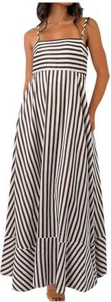 Generic Robe longue rayée sans manches pour femme, robe midi évasée avec découpes et bretelles spaghetti smockées dos nu robe longue bohème fluide dhiver pour