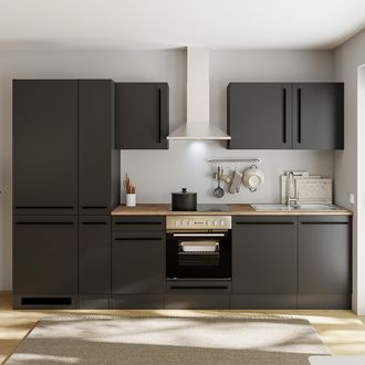Casa home24 K&uuml;chenzeile III 310cm Schwarz/Matt Schwarz mit Elektroger&auml;ten