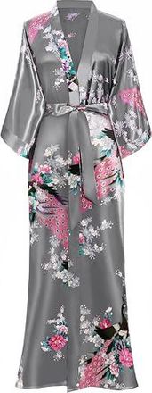 Babeyond Womens Kimono Robe Long Satin Silky Robes with Peacock and Blossoms Printed Kimono Nightgown