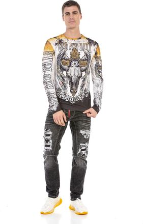 Cipo & Baxx Herren Sweatshirt CL492 Ecru - Stylischer Pullover im Modernen Streetwear Look mit Rundhals & Print - Bequemer Sweater f&uuml;r Alltag, Freizeit & Party - 