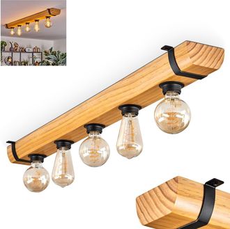 HOFSTEIN Deckenleuchte Skads, Deckenlampe aus Holz/Metall in Naturfarben/Schwarz, Leuchte im modernen Retro/Vintage/Industrial-Design mit Holzbalken, 5 x E27, 