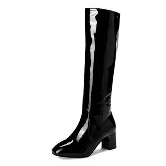 Generic MiaZane Bottines Femme Genou Cuir Vernis Talon Bloc Finition Brillante Chaussures D&eacute;claration de Mode pour Tenue de F&ecirc;te Streetwear et Styles Automne 