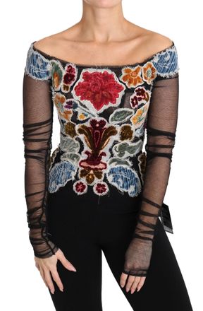 Dolce & Gabbana Womens Black Floral Ricamo Top T-Shirt Blouse Cotton