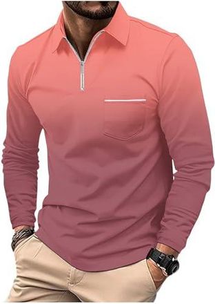 Generic Polo &agrave; manches longues pour homme Patchwork Revers T-shirt d&eacute;contract&eacute; Chemises de vacances Tops, Rose, L