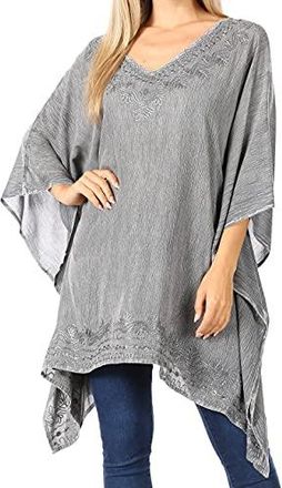 Sakkas K2022S - Blouse l&eacute;g&egrave;re en Poncho avec Cercle et Broderies d&eacute;taill&eacute;es Wren - Gris - OS