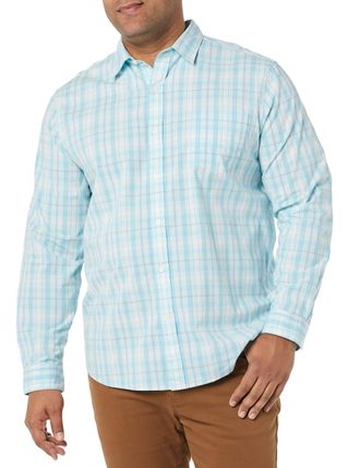 Amazon Essentials Herren Lang&auml;rmeliges Hemd Aus Stretch-Popeline Mit Normaler Passform, Hellblau Wei&szlig; Mittlere Karo, XXL