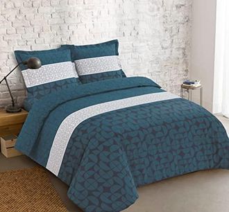 Vision Streetwear Parure de lit Basile - 100% Coton - Bleu - Set de Housse de Couette 260x240 cm avec 2 taies doreiller pour lit Kingsize 2 Personnes - Fibres Naturelle