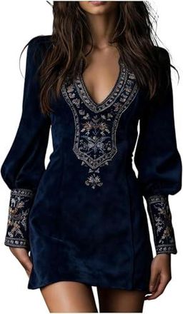 Generic Robe vintage en faux daim &agrave; manches longues et col en V brod&eacute;e pour femme, bleu marine, XXL