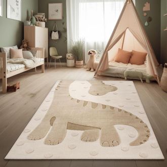 Paco Home Paco Home - Tapis Chambre Enfants Effet Haut-Bas Dino Couleurs Naturelles Soft-Touch Beige Crème Charbon 120x160 cm
