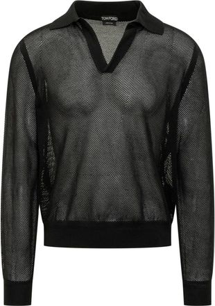 Tom Ford Homme, Tops, Noir, Taille: XL LS Buttonless Polo