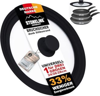 STONELINE Couvercle Universel en Verre pour Po&ecirc;les Casseroles Faitouts Marmites de 24/26/28 cm, Bord en Silicone, Couvercle Multifonction R&eacute;sistant &agrave; la Chaleur