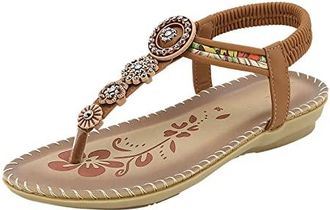 Generic Sandales de plage pour femme - Style boh&egrave;me - Sandales plates d&eacute;contract&eacute;es - Sangle de cheville r&eacute;glable - Barre en T antid&eacute;rapante - Chaussures de m