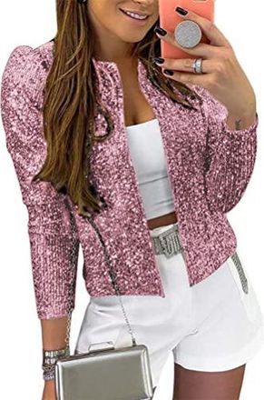 Minetom Blazer à Paillettes Femmes Chic Sequin Veste Casual Elegant Manches Longues Glitter Party Brillant Manteau Rave Blazer Veste De Costume A Rose XXL