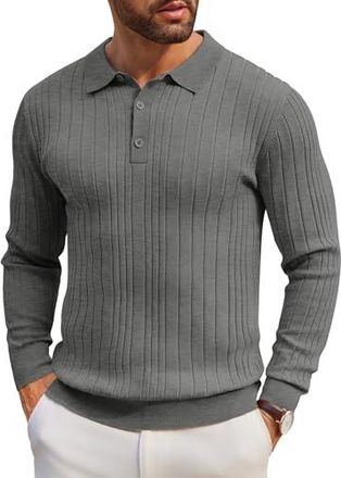Coofandy Polo Jumper Hommes &agrave; Manches Longues Pull Maille Fine Sweatshirts Unis Tricot&eacute;S Jumper Sweater Gris XL