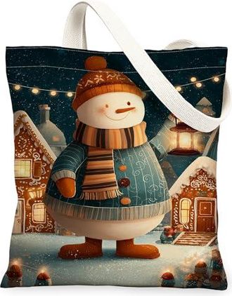 Generic Sacs fourre-tout en toile avec motif bonhomme de neige en hiver, r&eacute;utilisables, vintage, confortables, l&eacute;gers et lavables pour voyage, plage, pique-ni