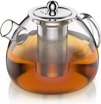 Arendo Teekanne Glas mit Sieb - 1500 ml - aus Borosilikatglas - mit Edelstahlsieb - feinmaschig - hitzebest&auml;ndig - Glasteekanne - f&uuml;r losen Tee Kr&auml;utertee Fr
