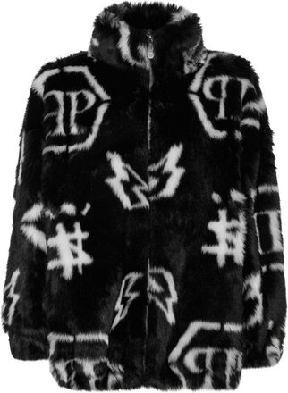 Philipp Plein manteau en fourrure artificielle &agrave; motif monogramm&eacute; - Noir