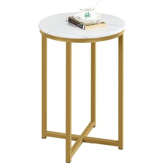 Yaheetech Beistelltisch aus Kunstmarmor, 40,6 cm Beistelltisch und moderner Sofatisch mit X-Basis, runde Tischplatte, stabile Metallbeine f&uuml;r Wohnzimmer, senfgo