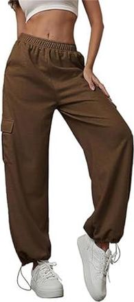 Generic Pantalon de surv&ecirc;tement cargo ample taille haute pour femme, pantalon de jogging Y2K, tendance, d&eacute;contract&eacute;, automne avec poches, caf&eacute;, XXL