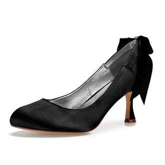 Generic Chaussures De Mari&eacute;e Escarpins pour Femme Satin&eacute;e Talon Moyen Slip-on Rond Chaussures De Mariage De F&ecirc;te 7Cm,Noir,42 EU