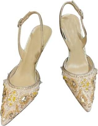 Generic YUJIEBB Sandales &agrave; talons hauts style f&eacute;e &agrave; talons fins pointus Chaussures en maille strass Chaussures de mariage argent&eacute;es, Or 6 cm, 35.5 EU