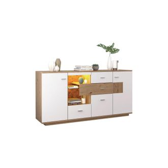 Liberte Buffet moderne avec beaucoup despace de rangement, &eacute;clairage led, 160x40x77, &eacute;tag&egrave;re en verre, aspect bois et blanc