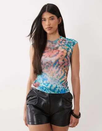 AFRM Nina - Top &agrave; mancherons en tulle &agrave; imprim&eacute; animal - Pastel-multicolore