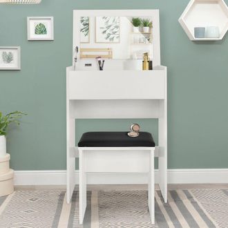 ML Design Ml-Design - Coiffeuse moderne avec miroir pliable et tabouret noir - Dimensions 60x40x122 cm - MDF blanc - Grand espace de rangement pour chambre