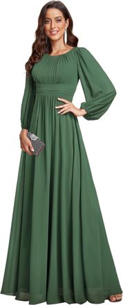 Ever-pretty Damen Abendkleid Lang Elegant Maxi Hochzeit Lange Ärmel Chiffon Brautjungfernkleider Ballkleid Eukalyptus Grün 48