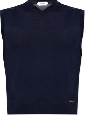 Versace Homme, Pulls, Bleu, Taille: XL Gilet en maille de laine brod&eacute;e