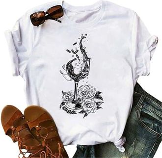 Keephen Verre &agrave; Vin T-Shirt pour Femmes Nouveaut&eacute; Verre &agrave; Vin Impression 3D T-Shirts &Eacute;t&eacute; Col Rond Manches Courtes Chemises &Eacute;t&eacute; Tee Casual Tops