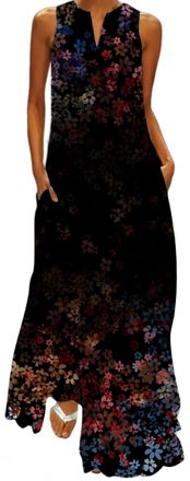 Ocean Plus Damen Muster Maxikleid V-Ausschnitt Kleid mit Stecktaschen und Weitem Rock (XXL, Dunkle Röschen)