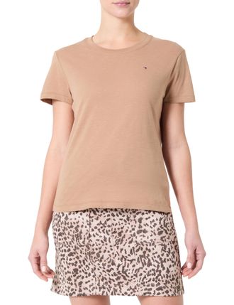 Tommy Hilfiger Damen T-Shirt Kurzarm Slim mit Rundhalsausschnitt, Beige (Safari Canvas), L