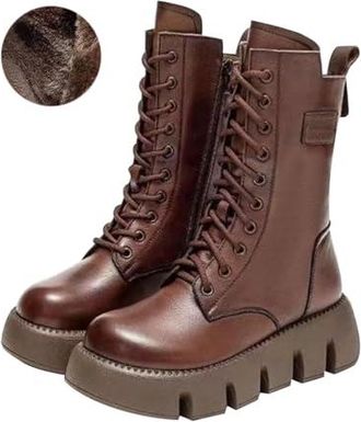 Generic Femme Bottes en Cuir Lacets Bout Rond Bottes mi-mollet Élégantes Fermeture Éclair Semelle Plateforme Antidérapant Tendances Boots Chaussures Femme Aut