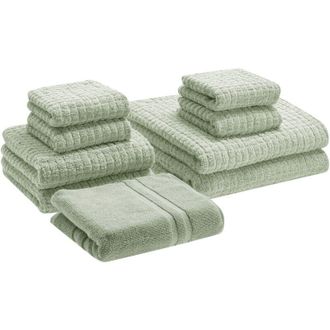 Beliani Badehandtuch Set mit Badematte 9-teilig Hellgr&uuml;n Baumwolle Frottee Handt&uuml;cher in verschiedenen Gr&ouml;&szlig;en Badteppich Bad Ausstattung Accessories