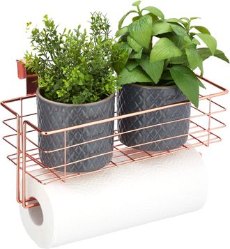 Relaxdays Einhängekorb mit Küchenrollenhalter, Aufbewahrung, Küche & Badezimmer, Drahtkorb HBT: 18 x 31 x 17 cm, kupfer