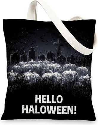 Generic Sacs fourre-tout en toile dHalloween, motif citrouille effrayante, sacs dépicerie légers et lavables pour le shopping, les voyages, la plage, noir, 13