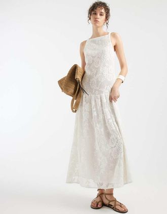 Asos Robe mi-longue en dentelle &agrave; encolure bateau - Ivoire-Blanc