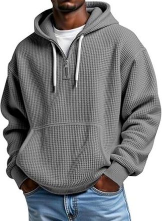 Generic Sweat à capuche en tricot gaufré à manches longues avec fermeture éclair 1/4 pour homme avec poche, gris, 3XL