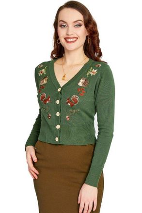 Voodoo Vixen Strickjacke Green Woodland Cardigan Retro Vintage Eichh&ouml;rnchen Igel