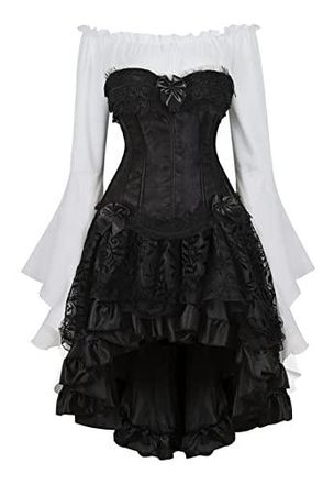 Grebrafan Classique Corset et Jupe Pirate Chemisier Deguisement Bustier Halloween Femme (EUR(32-34) S, Noir)