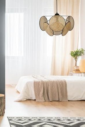 Opviq Elegant Rattan Chandelier, Metal Body, Adjustable Height 90 cm, 55 cm Diameter, E27 Socket, Natural Rattan Cap | Perfect for Modern Home D&eacute;cor